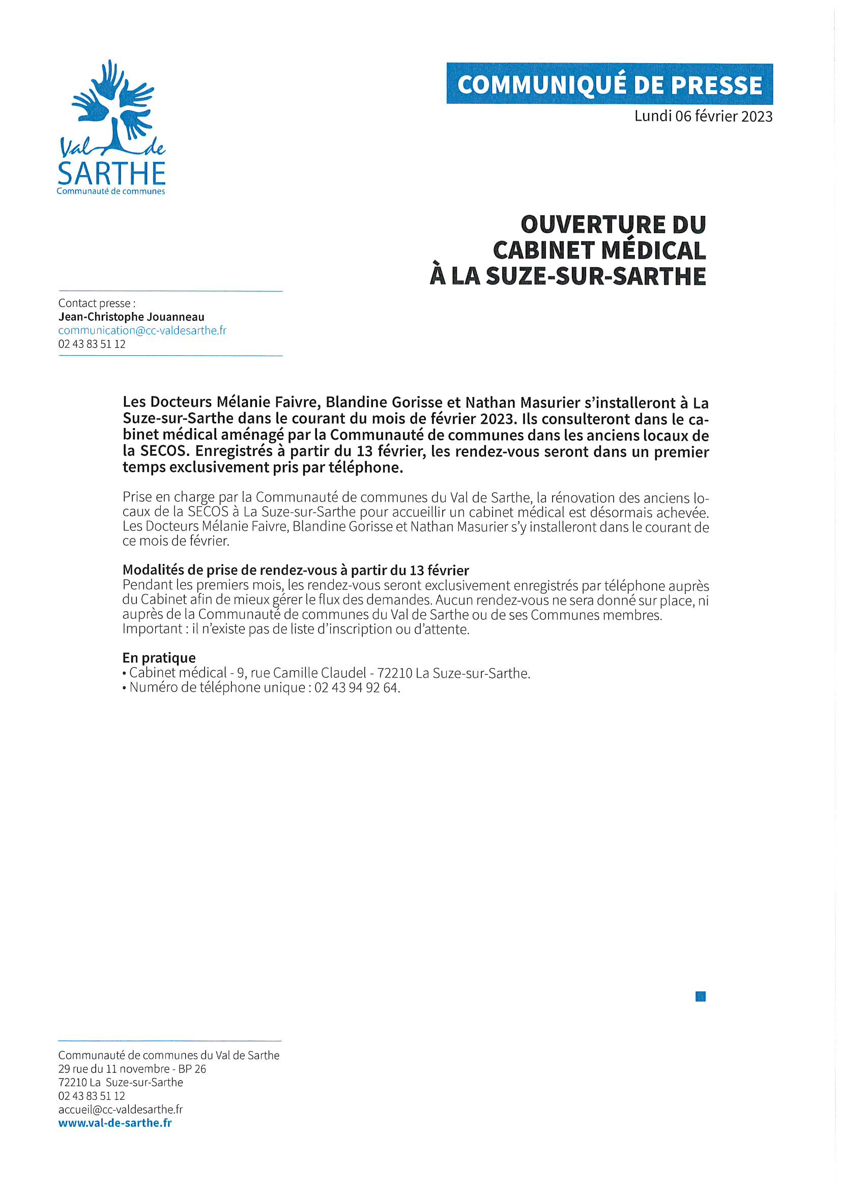 OUVERTURE CABINET MÉDICAL - LA SUZE SUR SARTHE - Malicorne sur Sarthe